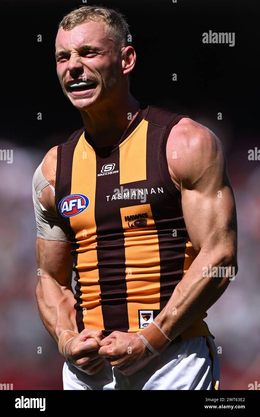 Melbourne, Australia. 16th Mar, 2024. James Worpel of the Hawks reacts ...