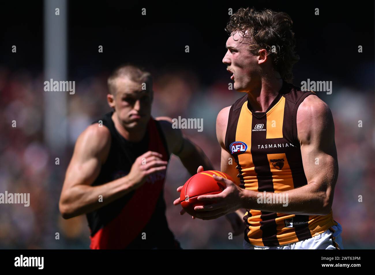 Melbourne, Australia. 16th Mar, 2024. Josh Weddle of the Hawks (right ...