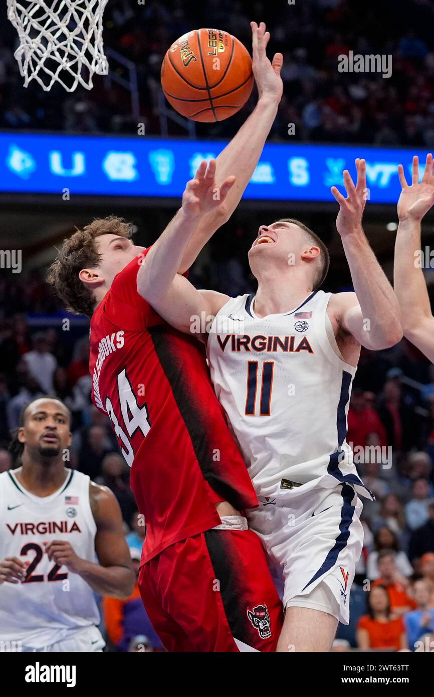 Virginia guard Isaac McKneely (11) and North Carolina State forward Ben ...