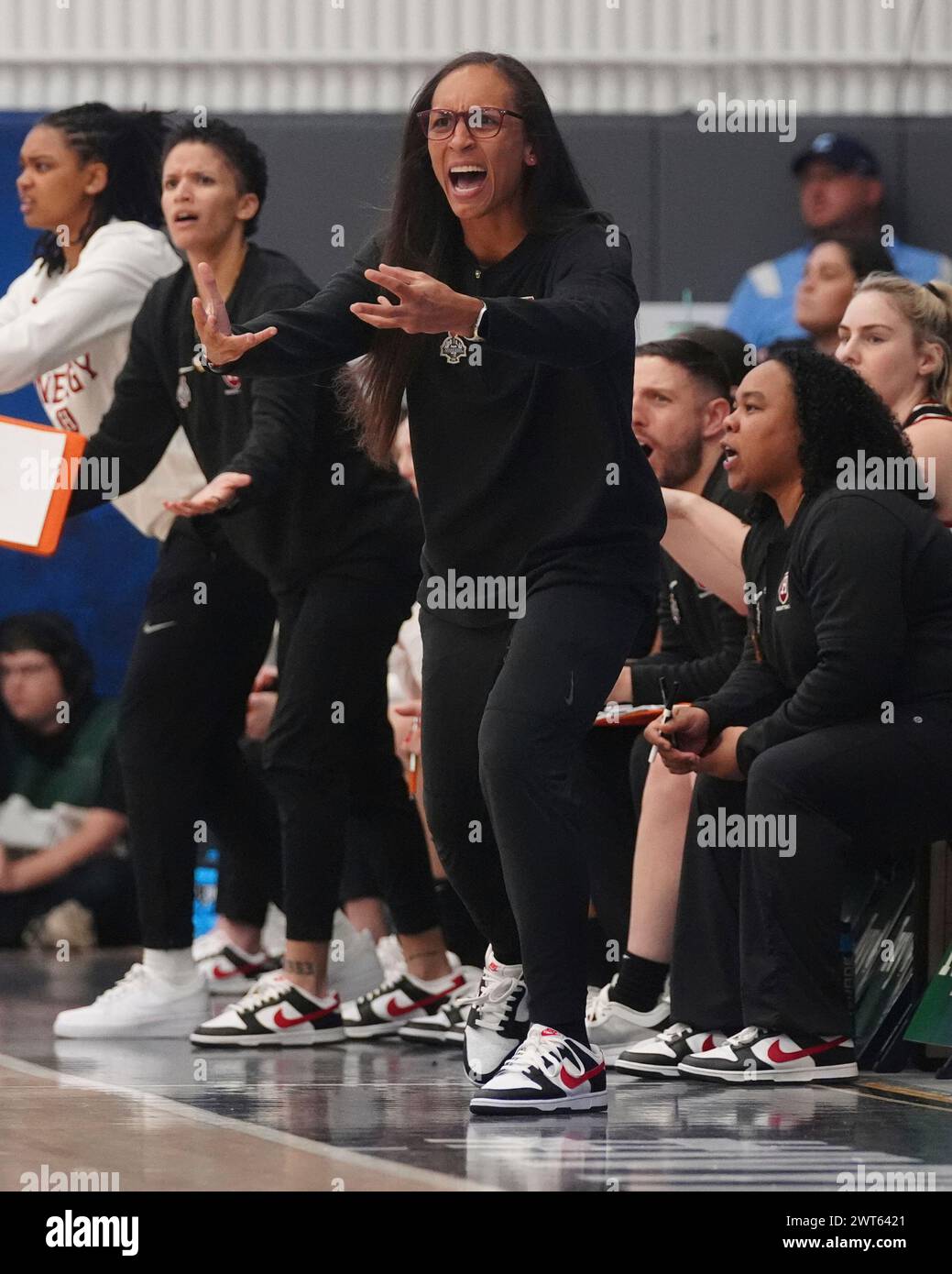 NEW YORK, NY - MARCH 15: Harvard Crimson Head Coach Carrie Moore speaks ...