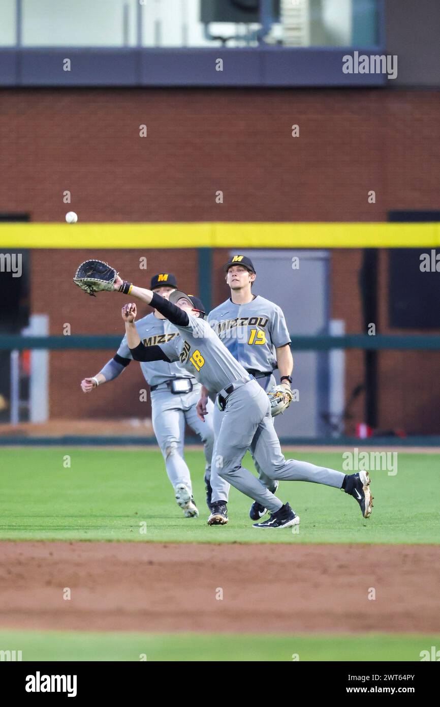 March 15, 2024: Missouri infielder jackson Lovich #18 moves under a ...