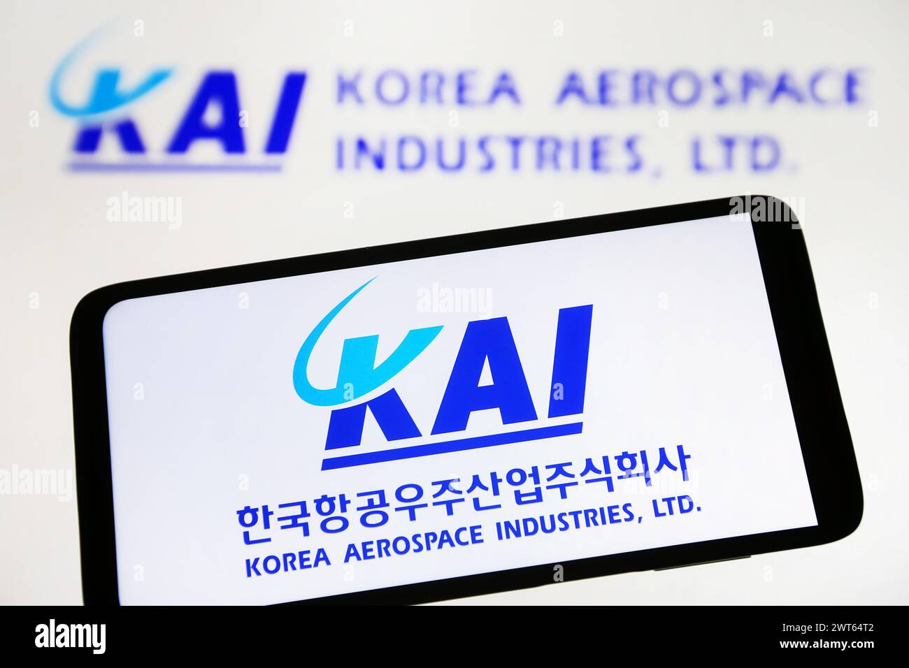 Ukraine. 15th Mar, 2024. In this photo illustration, Korea Aerospace Industries (KAI) logo is ...