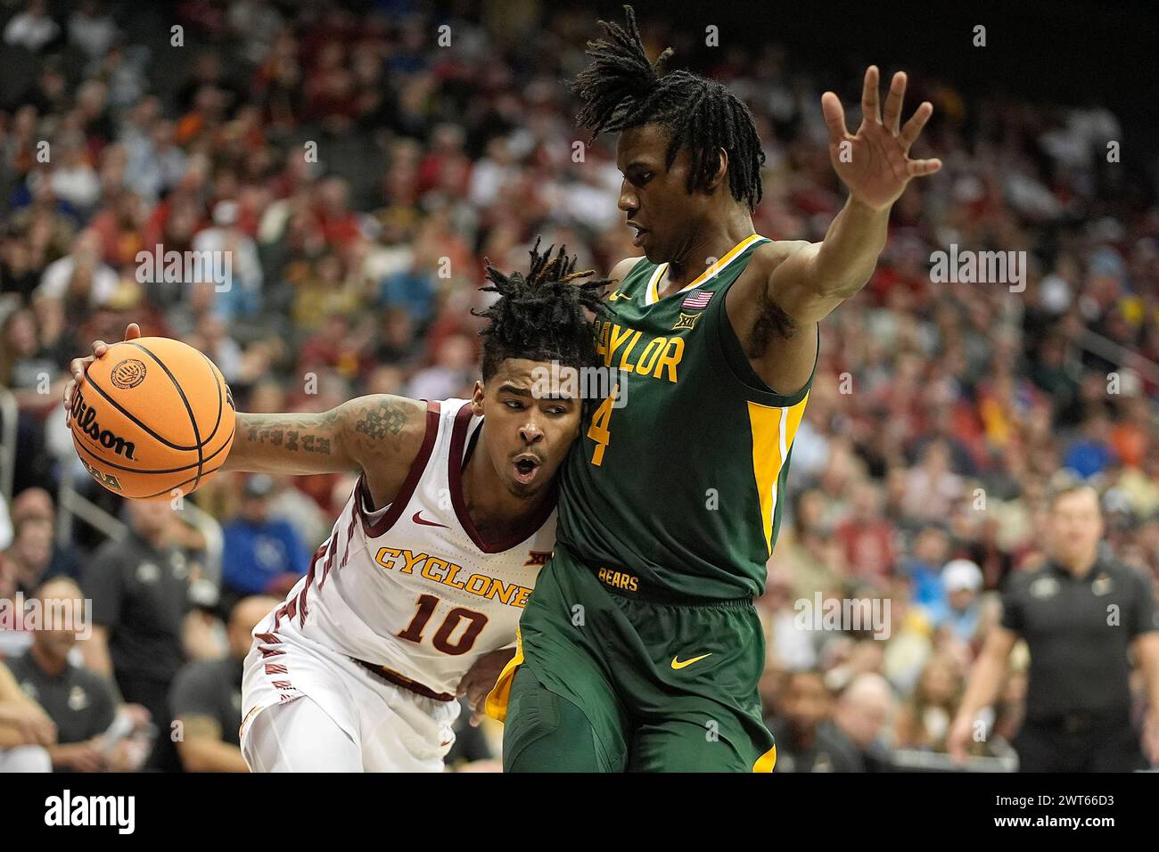 Iowa State guard Keshon Gilbert (10) drives past Baylor guard Ja'Kobe ...