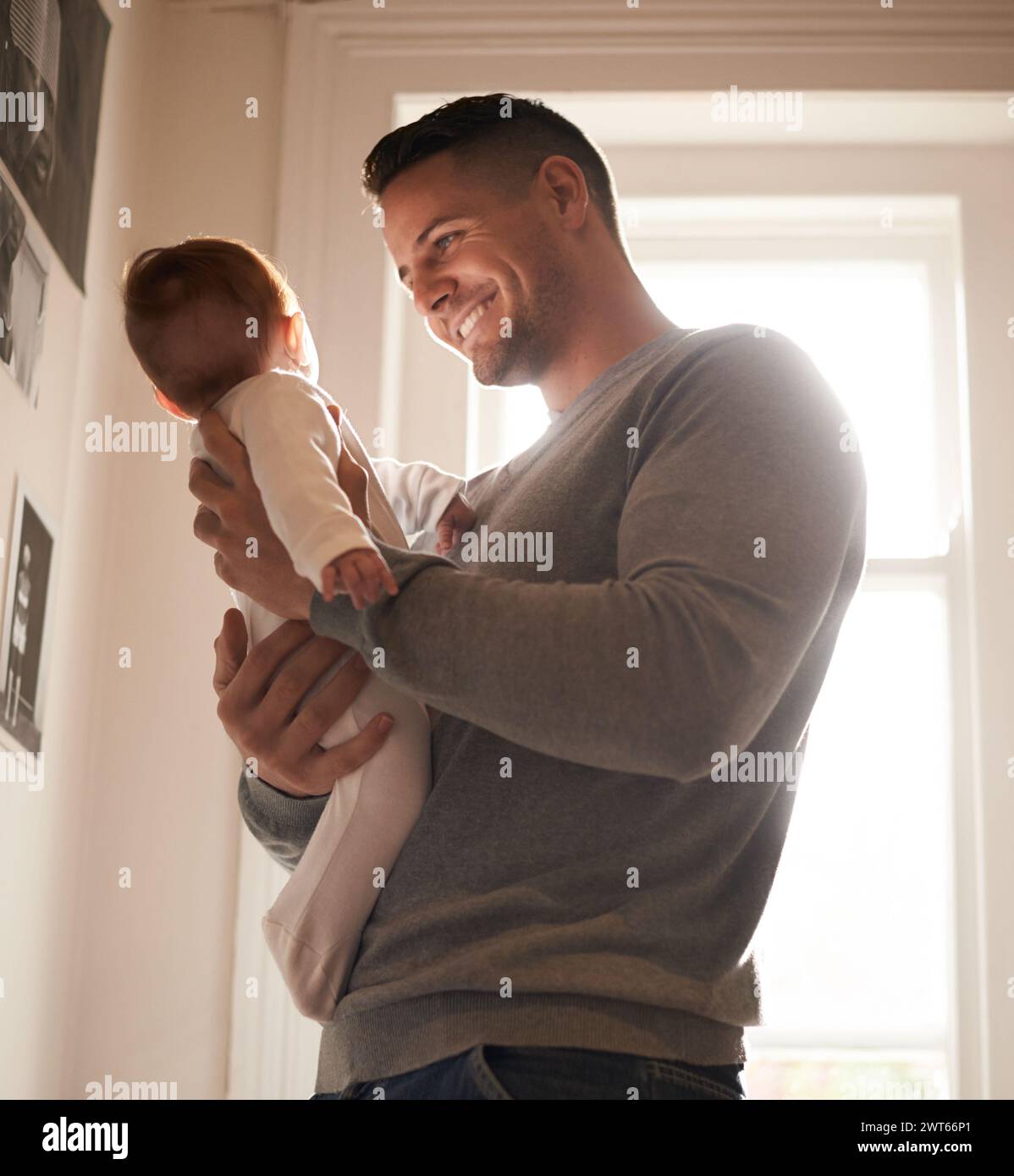 Father, baby and bonding with happiness and love, growth and child ...