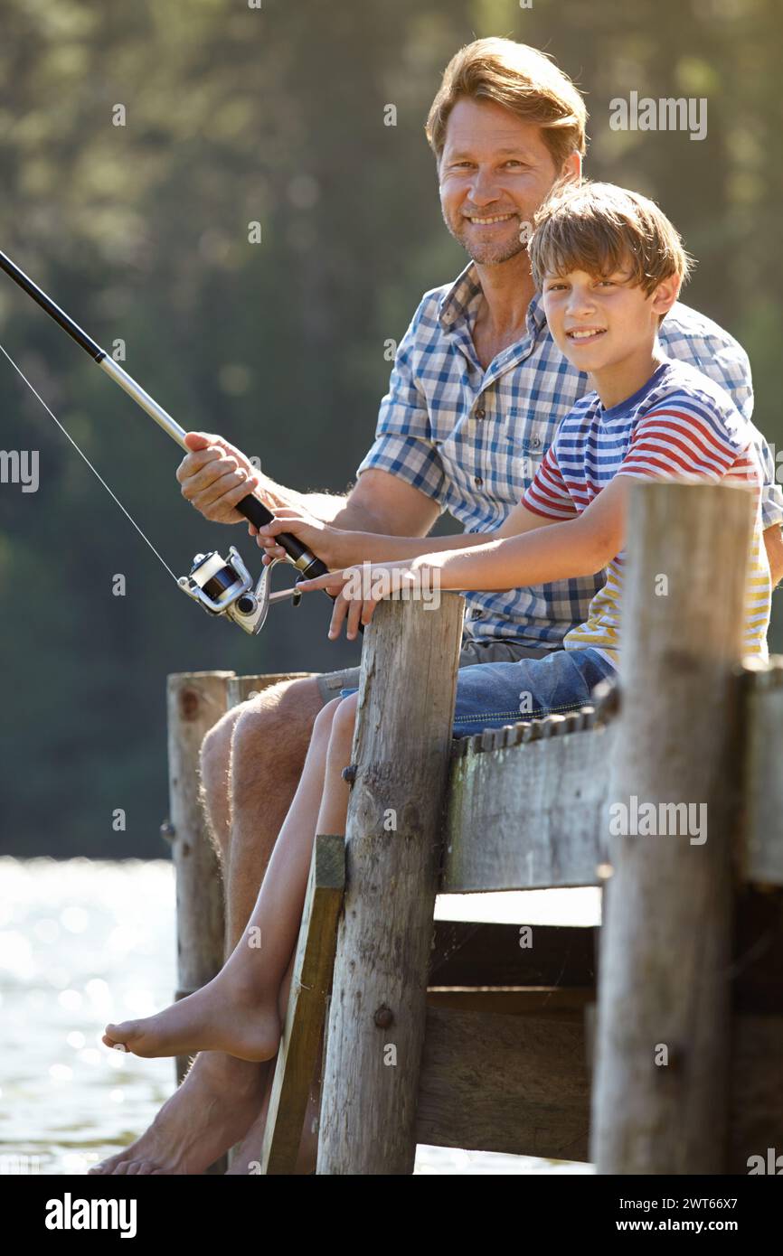Lake, fishing or pole by father and son portrait in nature bonding ...