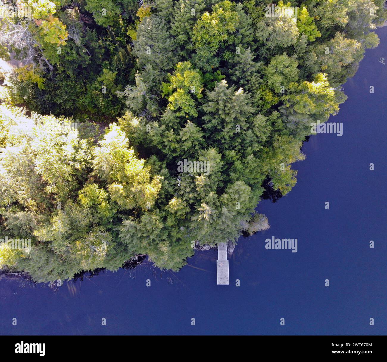 Aerial view of a jetty on a small lake in western Quebec in summer ...