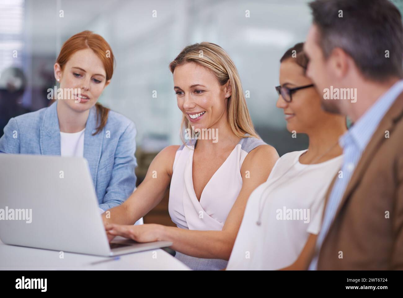 Business, discussion and teamwork in meeting with laptop for company ...