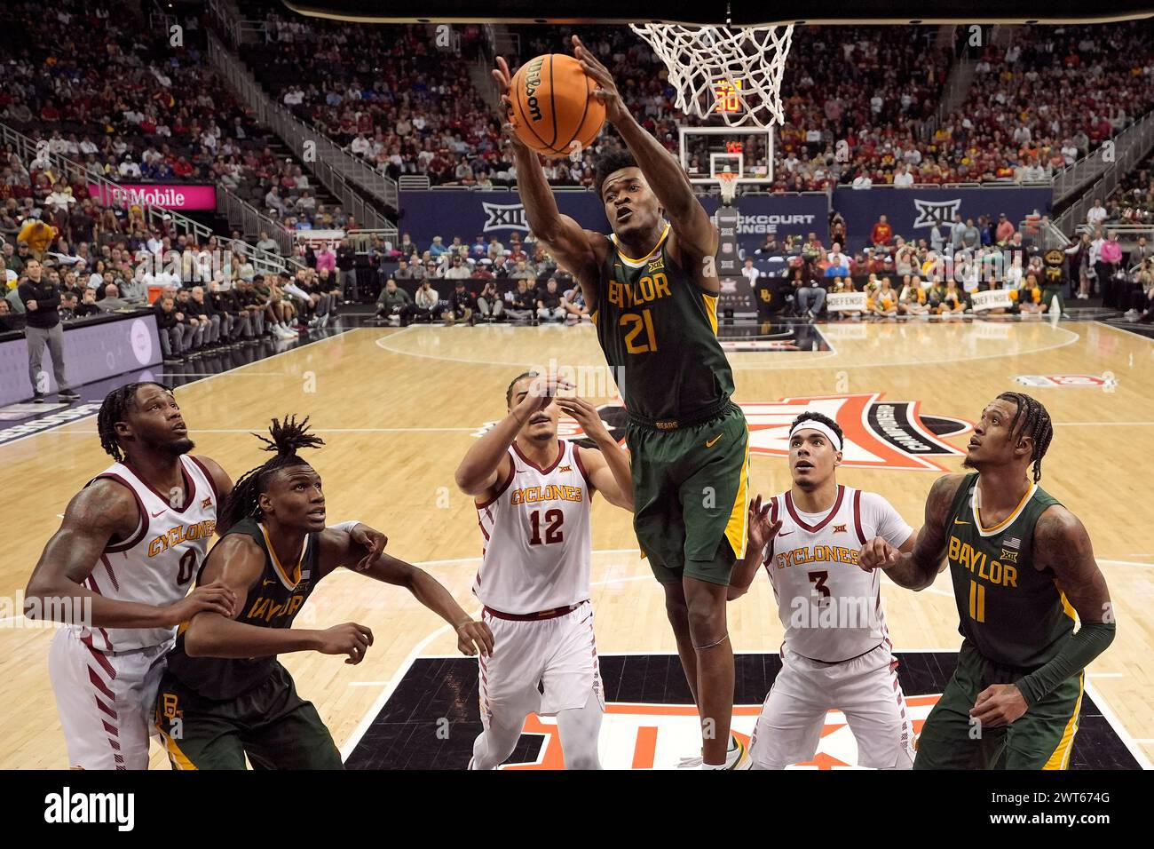 Baylor center Yves Missi (21) gets a rebound during the second half of ...