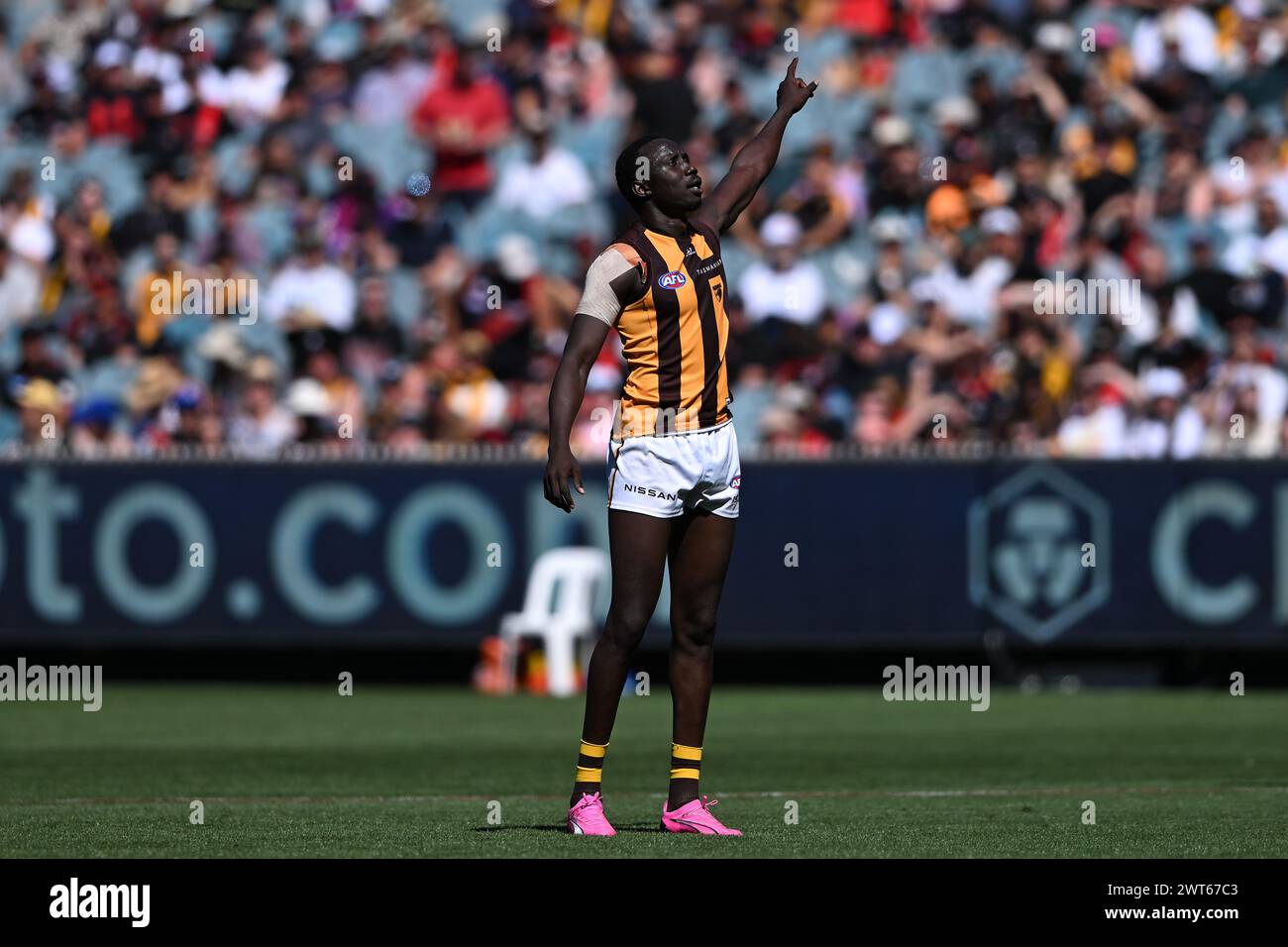 Melbourne, Australia. 16th Mar, 2024. Mabior Chol of the Hawks reacts ...