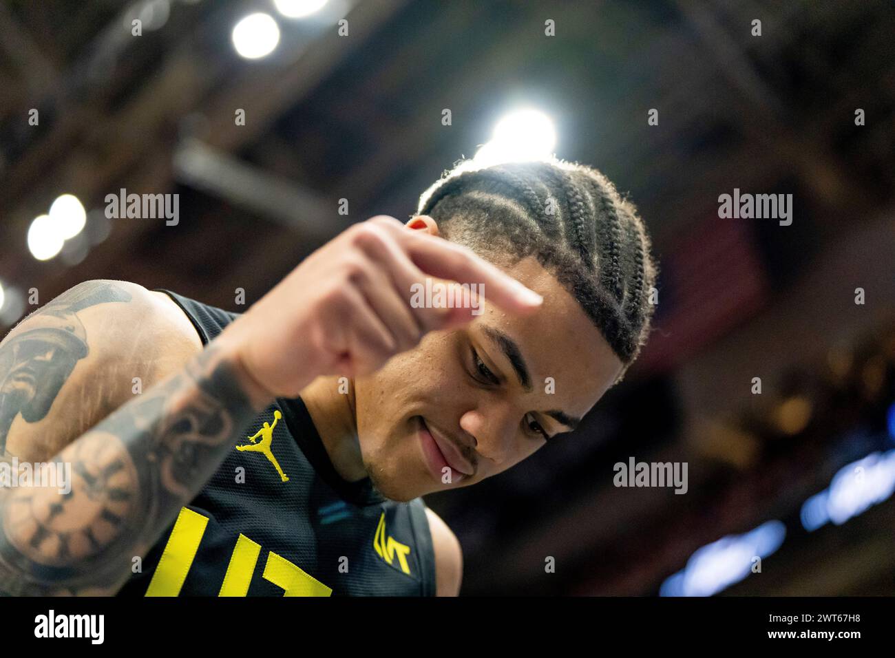 Utah Jazz guard Keyonte George celebrates after hitting a shot against ...