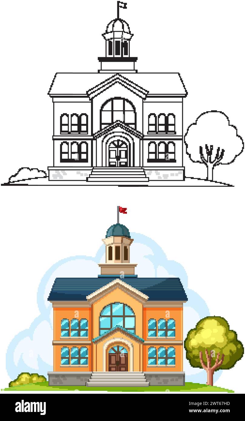 Vector illustration of a school building in color and outline Stock ...