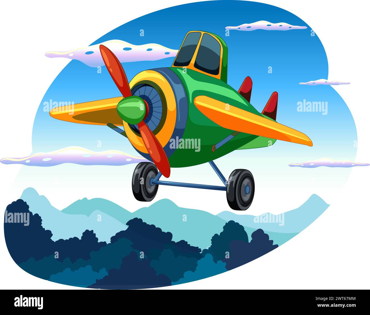 Cartoon airplane flying above scenic mountains Stock Vector Image & Art ...