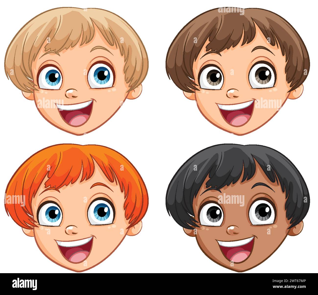 Four cartoon kids with cheerful expressions and diversity Stock Vector ...