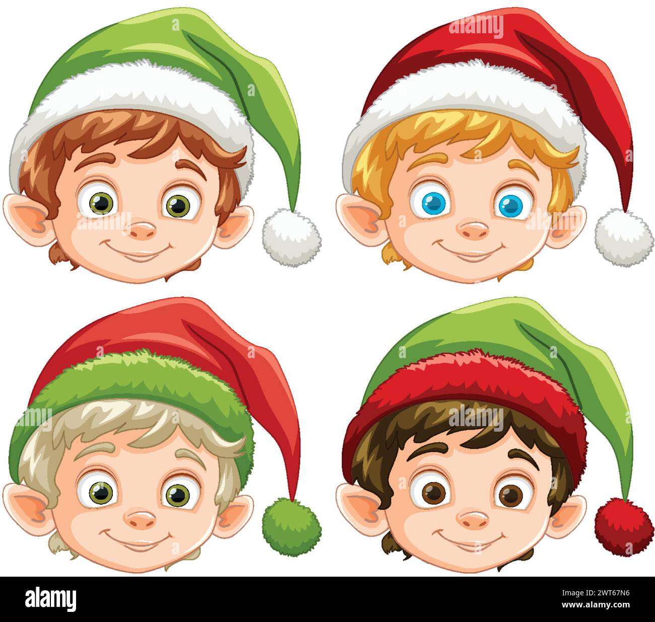 Four cartoon elves wearing Christmas hats smiling Stock Vector Image ...