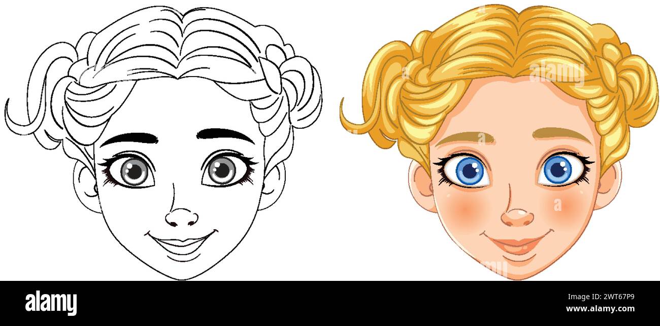 Vector illustration of a girl's face, before and after coloring Stock ...