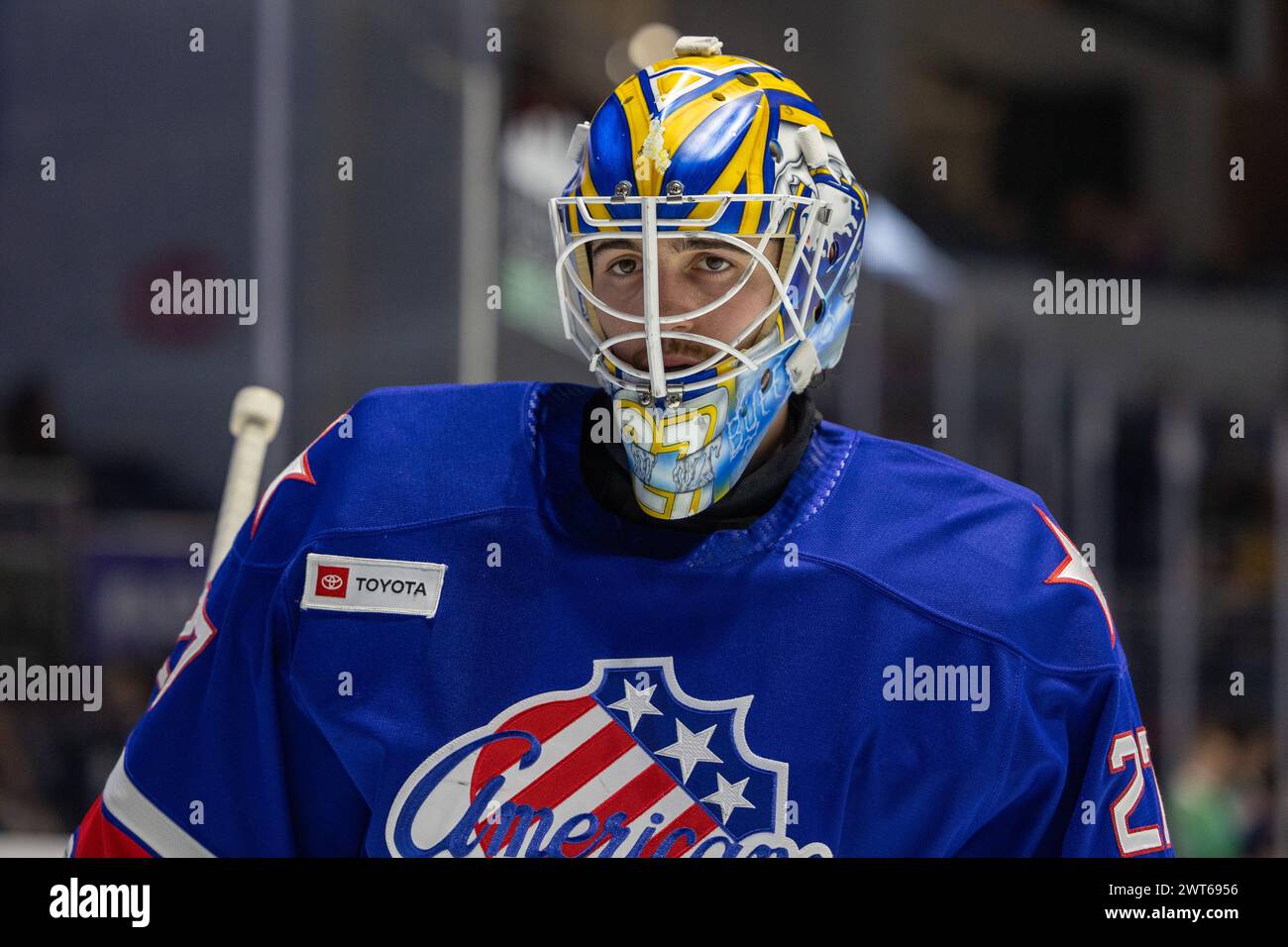 March 15th, 2024: Rochester Americans goaltender Devon Levi (27) skates ...