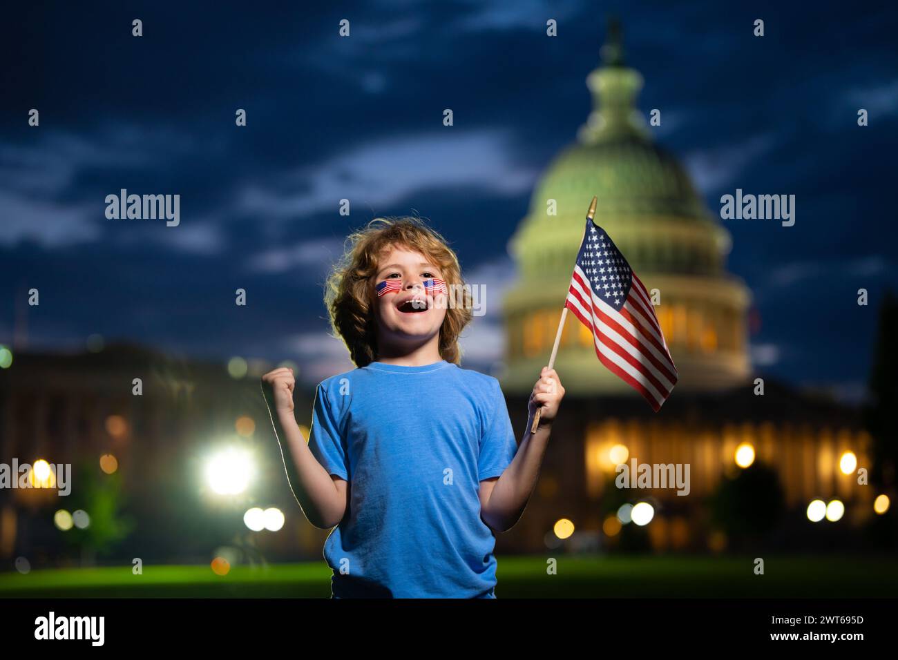 American Patriotic holiday. American kid, cute little child boy with ...