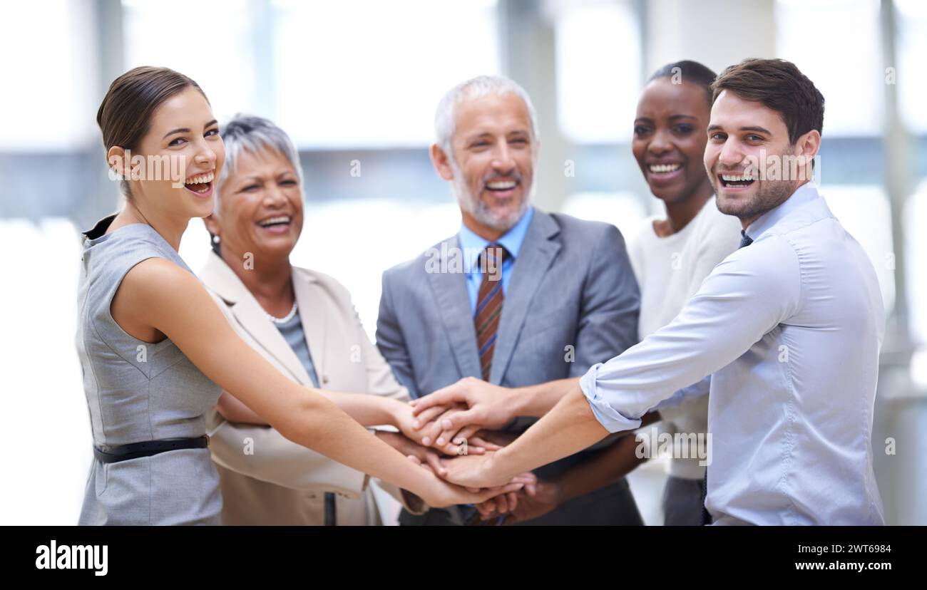 Portrait, smile or business people with hands in stack for mission ...
