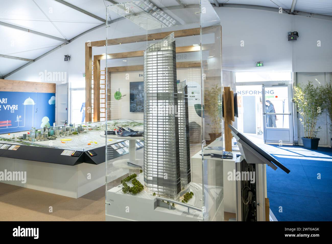 Cannes, France. 13th Mar, 2024. A model of the Hermitage tower project of two 320 metre twin ...