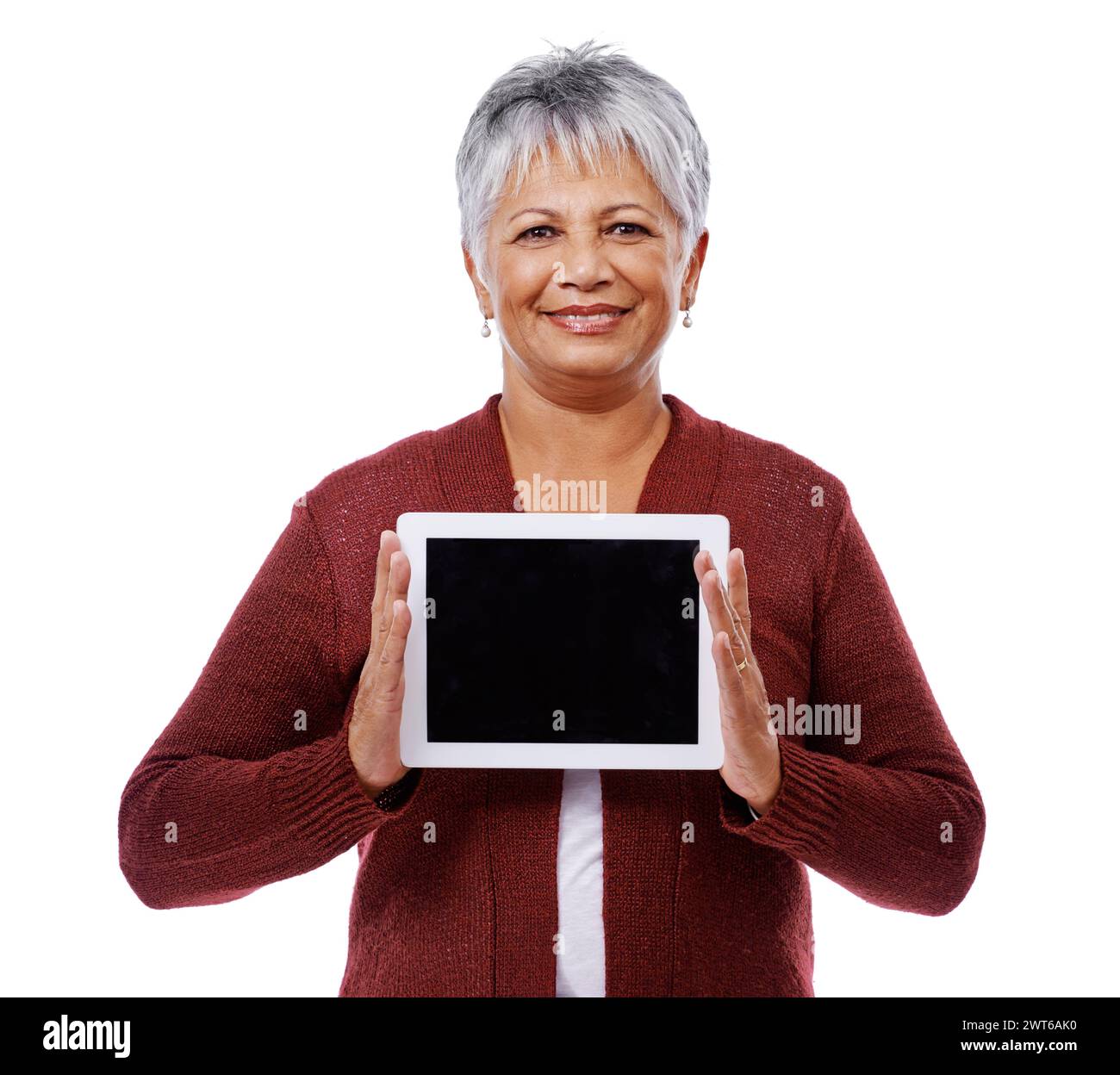 Portrait, senior woman and tablet with screen, promotion and model ...