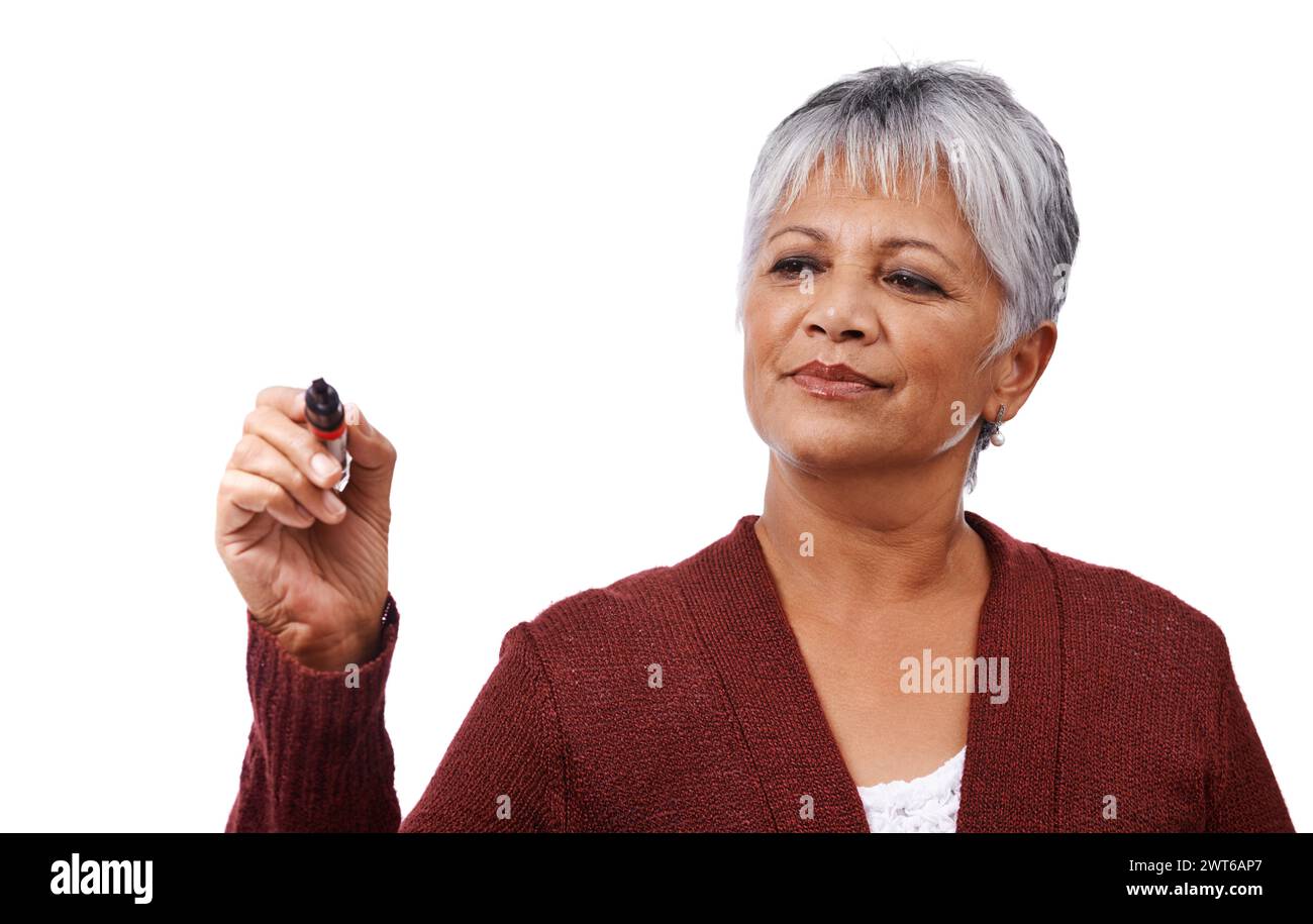 Senior woman, hand and pen for writing, presentation and promotion with ...