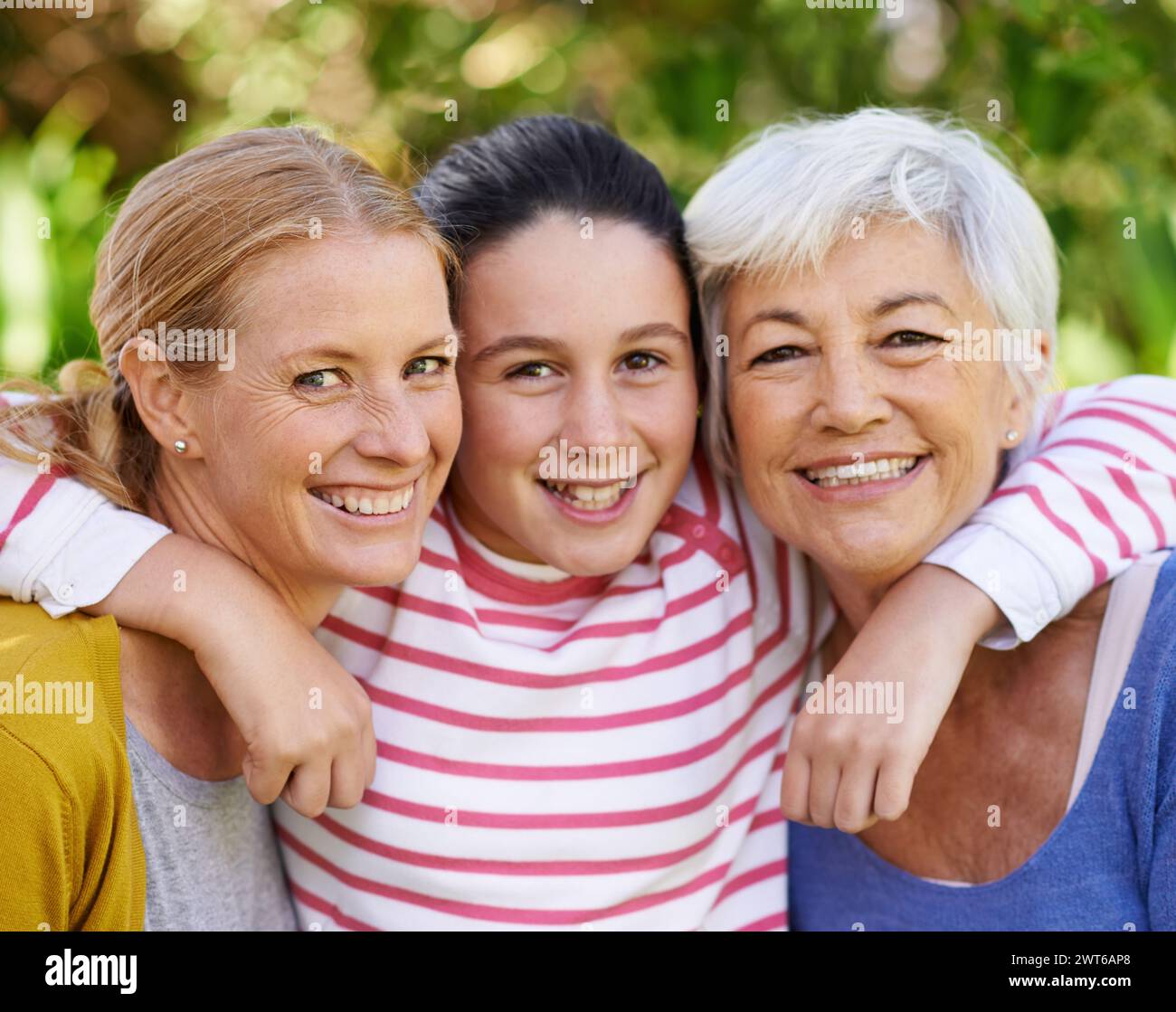 Outdoor, grandmother and mother in portrait with child in park on ...