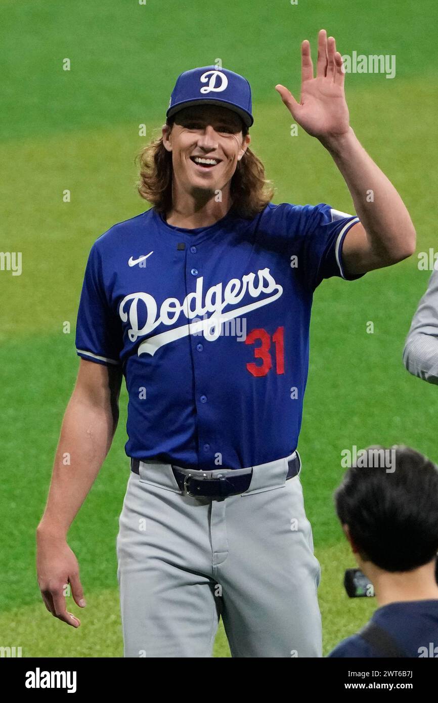 Los Angeles Dodgers starting pitcher Tyler Glasnow gestures as he ...