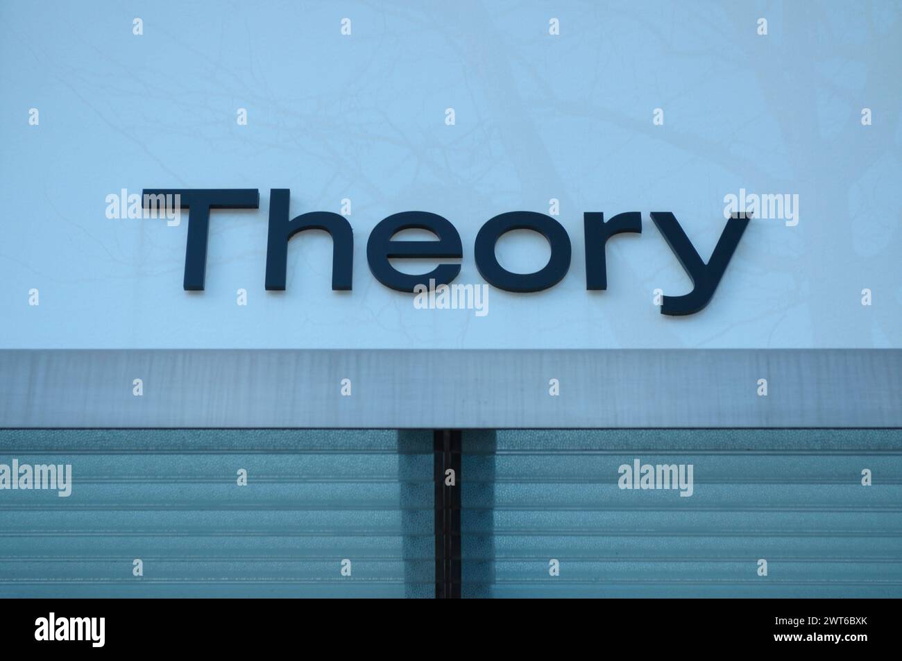 New York, United States. 15th Mar, 2024. The Theory logo is seen on a ...
