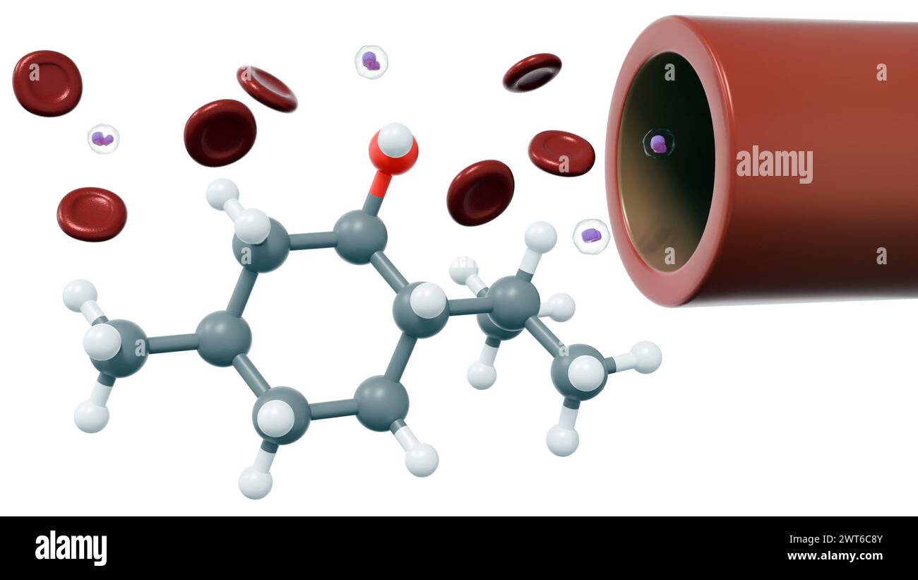 3d rendering of menthol chemical structure with scattered blood cells ...