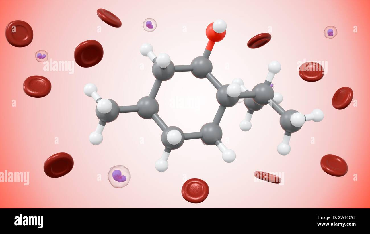 3d rendering of menthol chemical structure with scattered blood cells ...