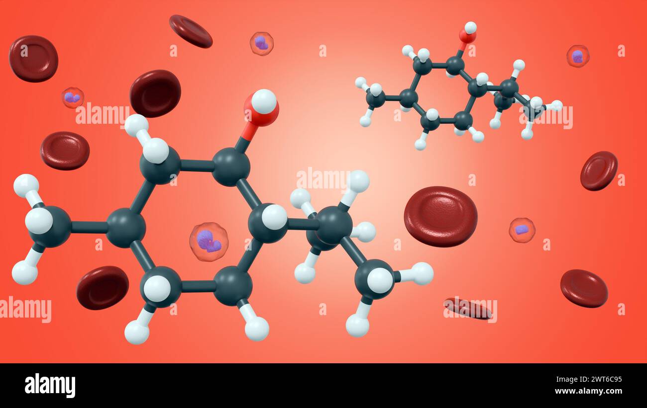 3d rendering of menthol chemical structure with scattered blood cells ...