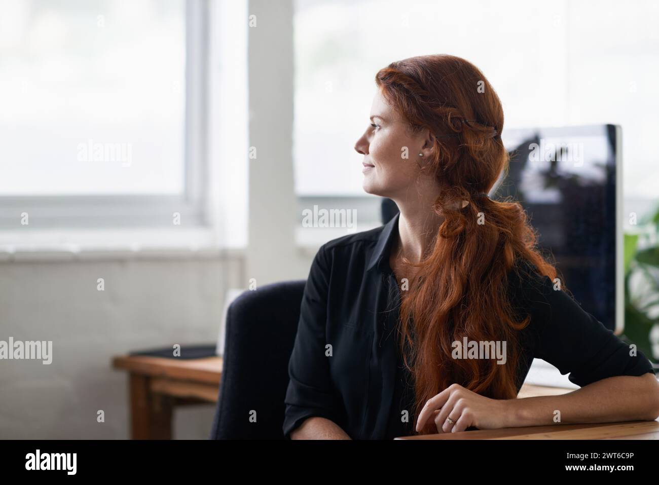 Woman, office and think with vision at window for company idea, growth ...