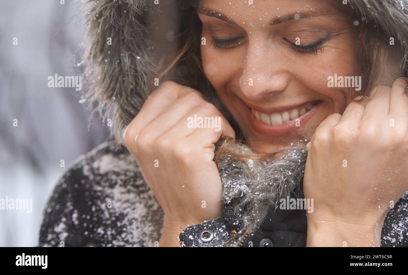 Woman, snow and happy with winter fashion for cold weather and climate ...
