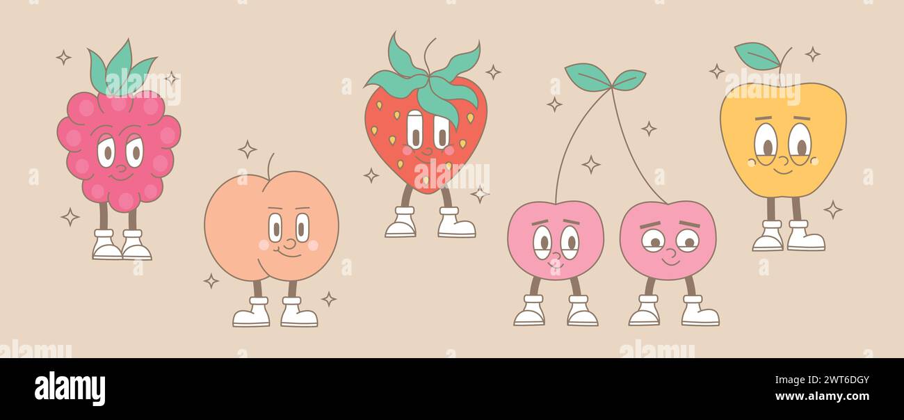 Retro groovy cartoon fruit characters. Modern cute comic mascot of ...