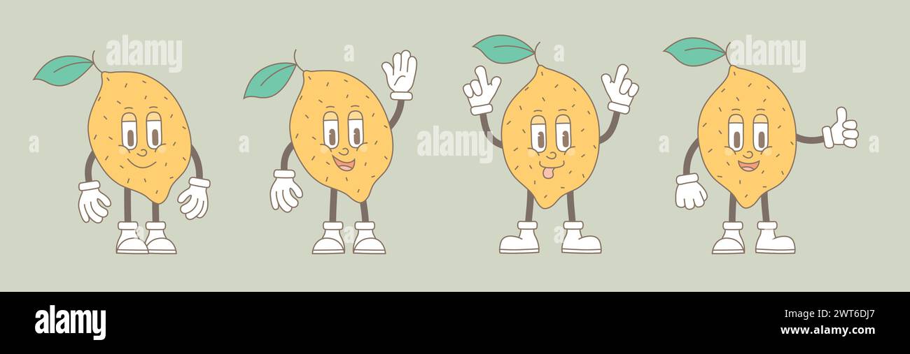 Retro groovy cartoon fruit characters. Modern cute comic mascot of ...