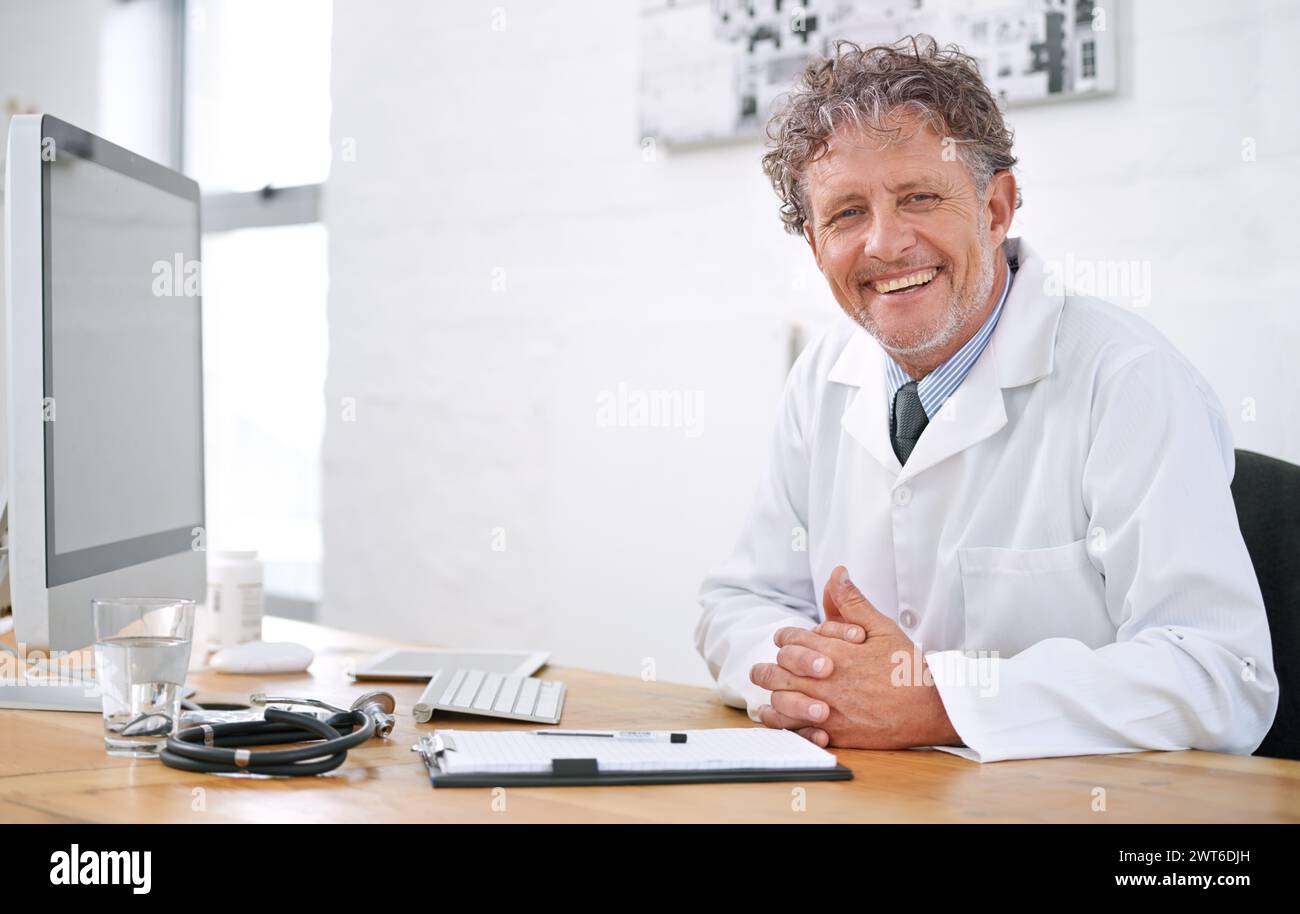 Senior man, doctor and smile portrait in office for healthcare, medical ...
