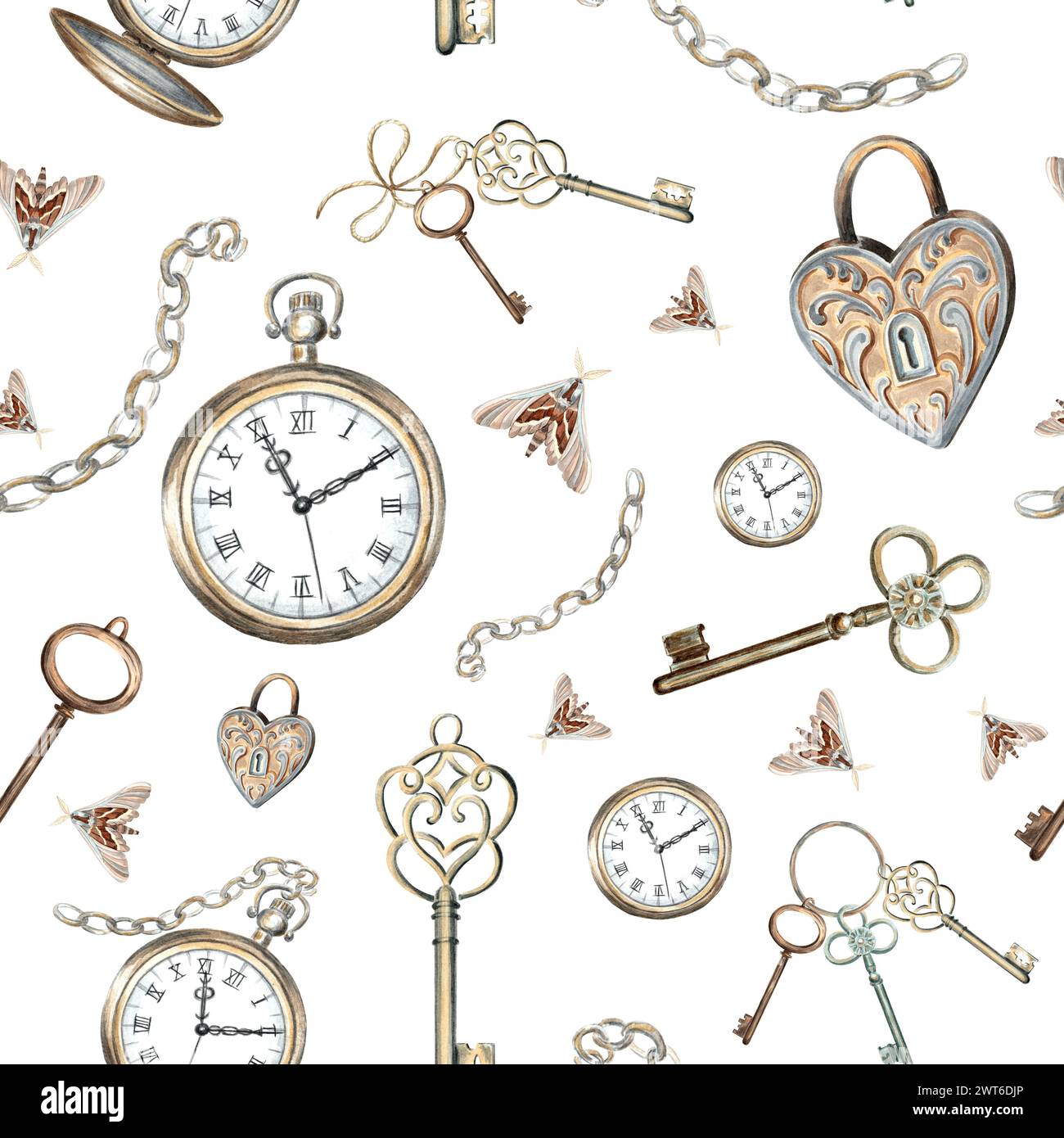 Pocket watch, keys, chain, lock, moths on a white background ...