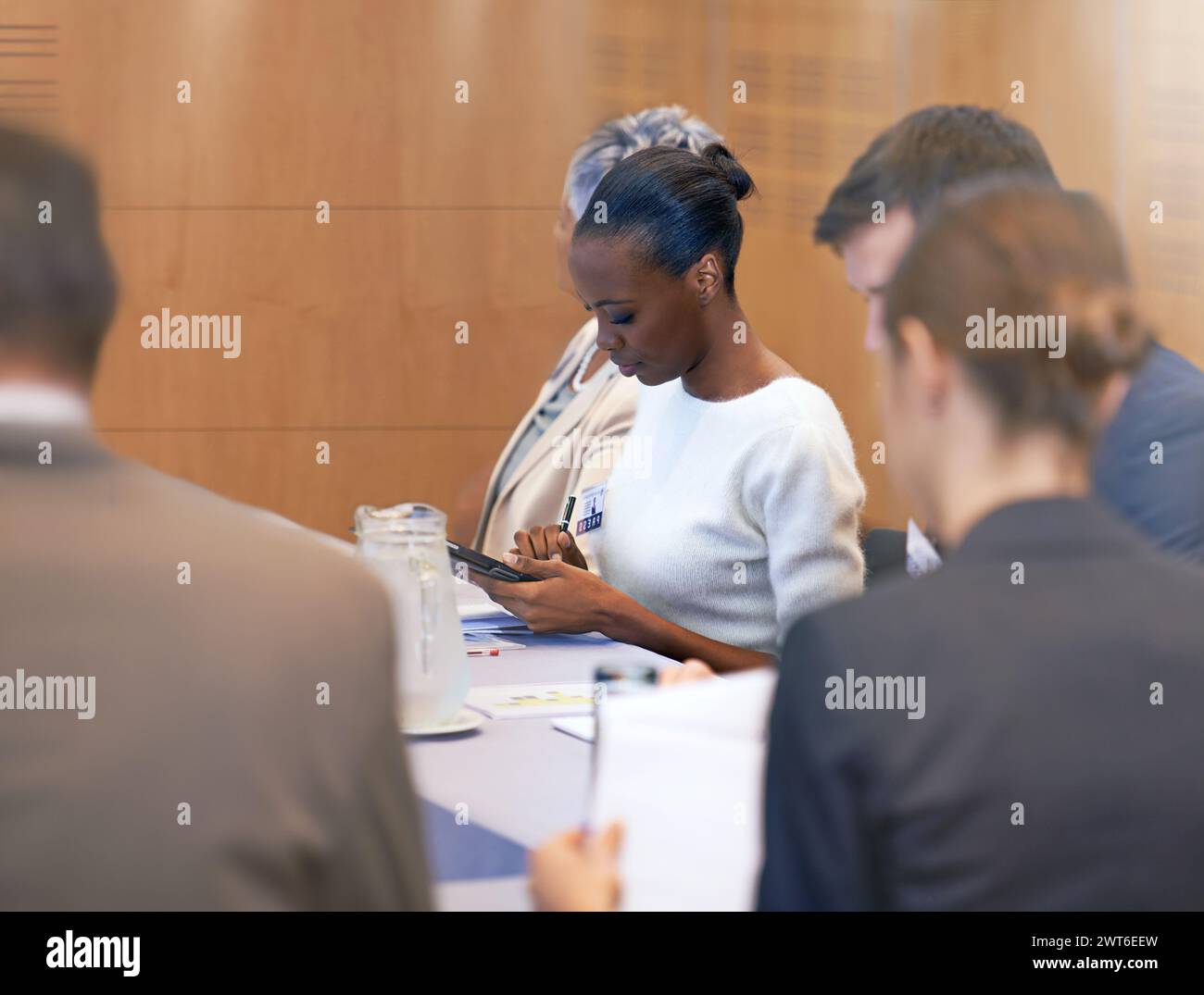 Meeting, secretary and woman with tablet for notes in board room for ...