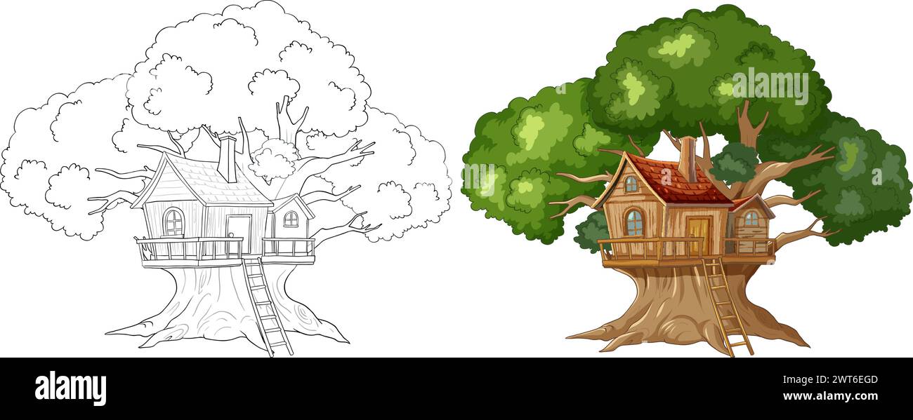 Vector illustration of a treehouse, colored and outlined Stock Vector ...