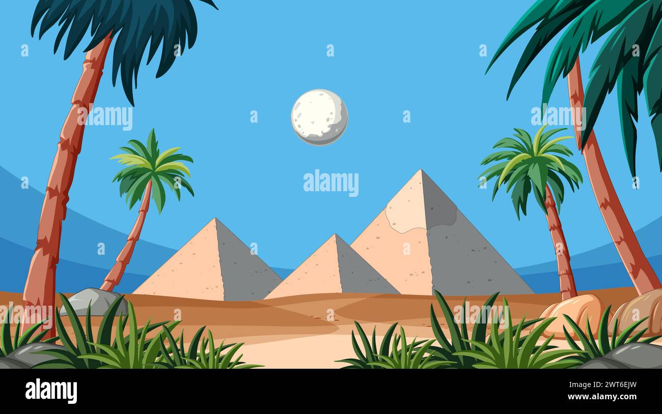 Vector illustration of pyramids with moon and palms Stock Vector Image ...