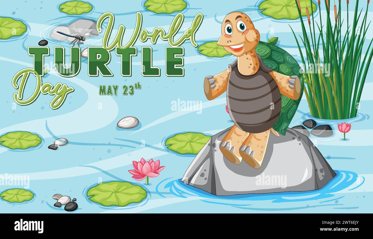Cheerful turtle on a rock celebrating World Turtle Day Stock Vector ...