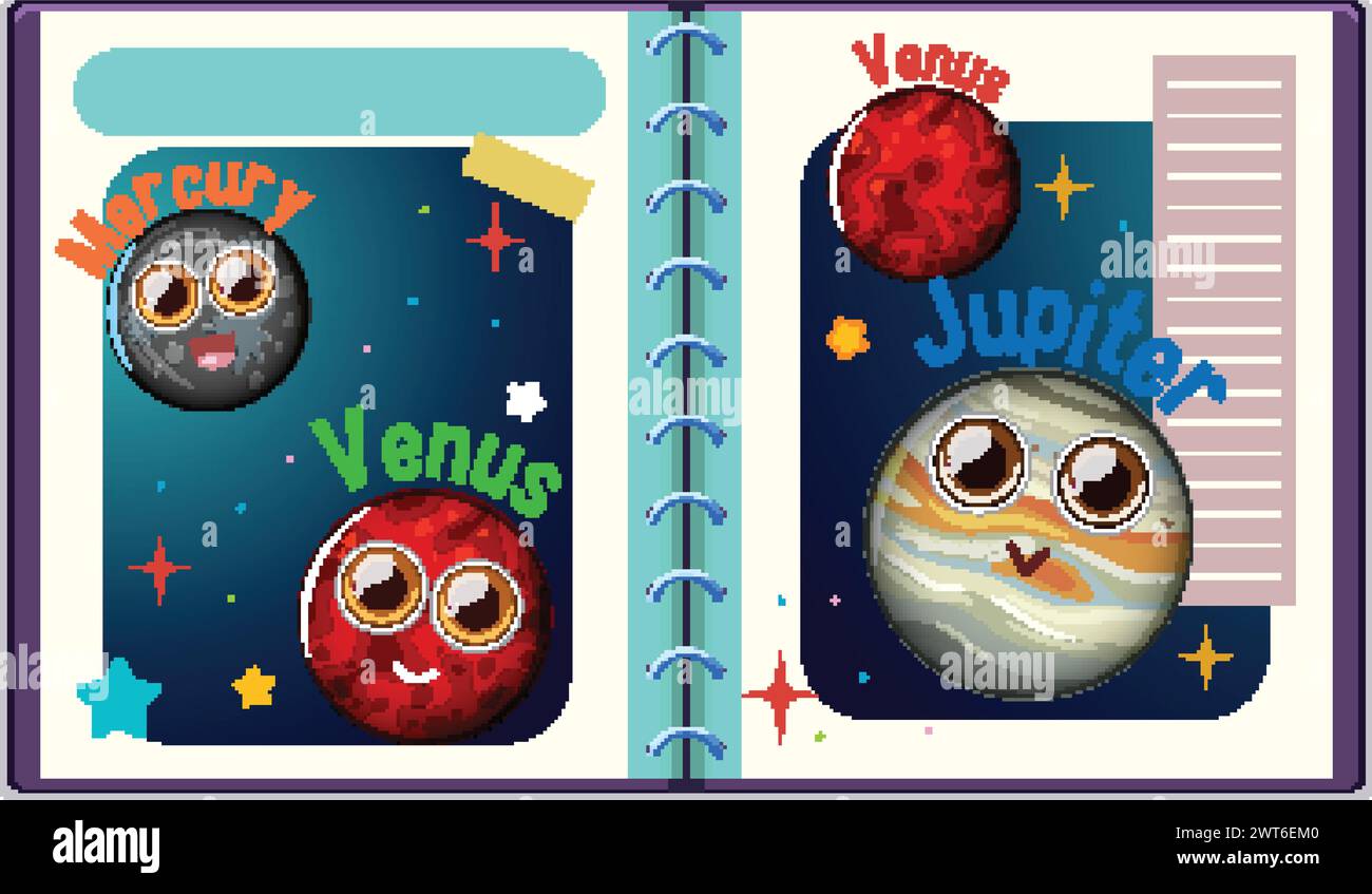 Cute anthropomorphic planets in a vibrant notebook Stock Vector Image ...