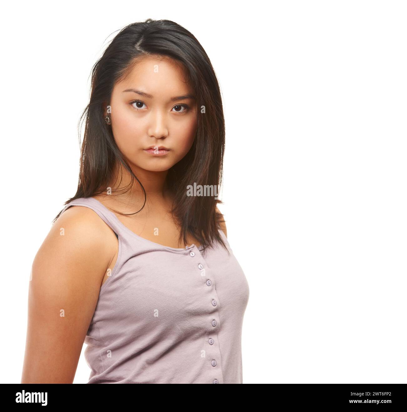 Asian woman, portrait and fashion with natural beauty in haircare on a ...