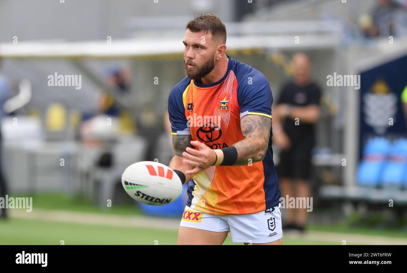 Townsville, Australia. 16th Mar, 2024. Kyle Feldt of the Cowboys warms ...