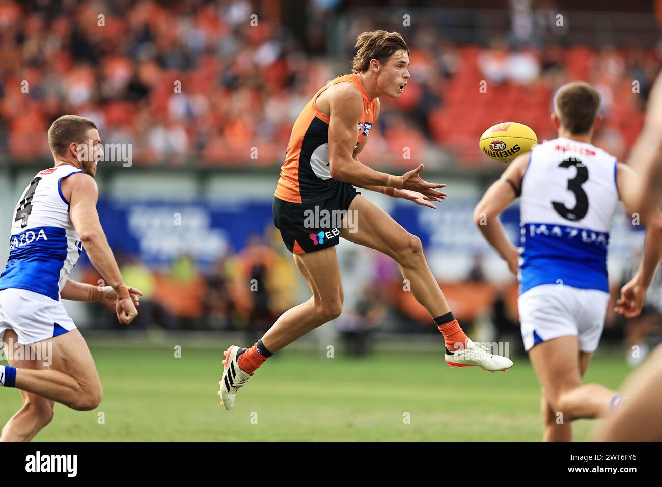 Sydney, Australia. 16th Mar, 2024. Aaron Cadman of the Giants marks ...