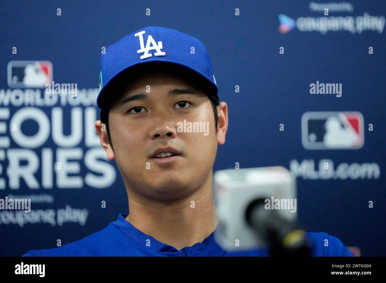 Los Angeles Dodgers' Shohei Ohtani attends a news conference ahead of a ...