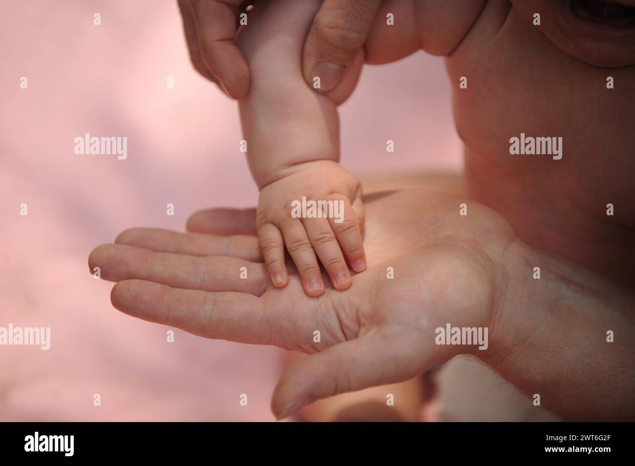 Eine grosse Hand haelt die kleine Hand eines Babys, symbolisiert Halt ...