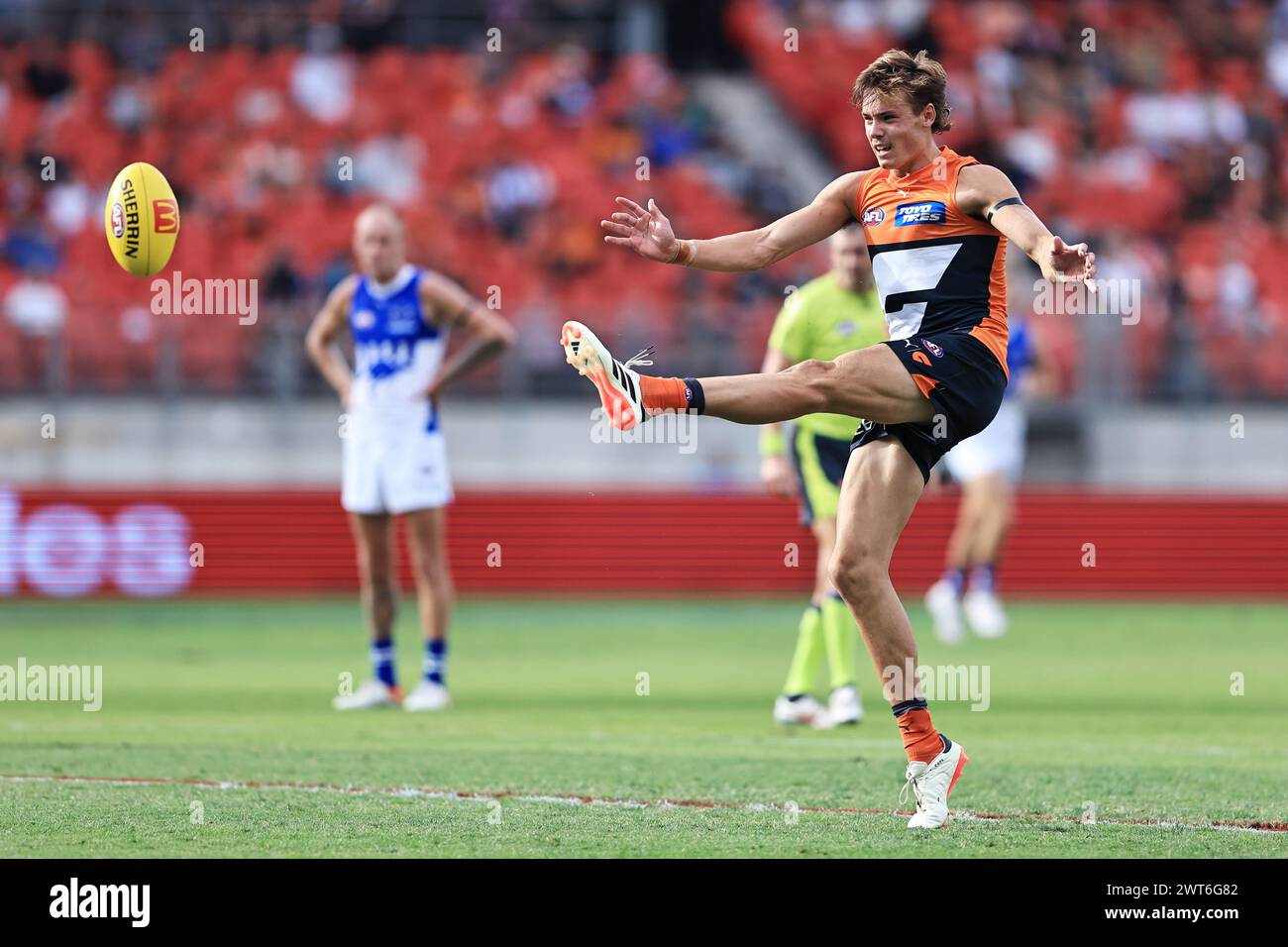 Sydney, Australia. 16th Mar, 2024. Aaron Cadman of the Giants kicks a ...