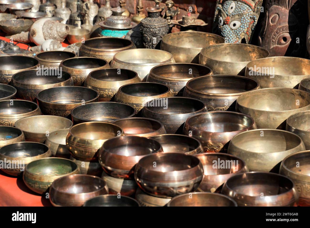 Metal singing bowls at a Nepalese market, Kathmandu Valley. Kathmandu ...