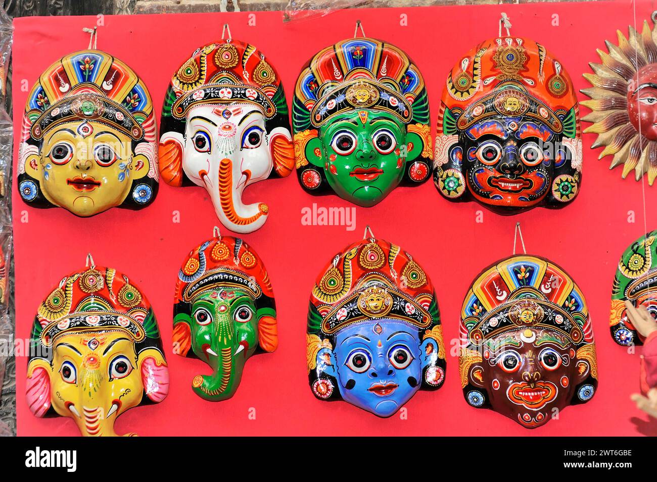 Wall with colourful, traditionally designed masks, Kathmandu Valley ...